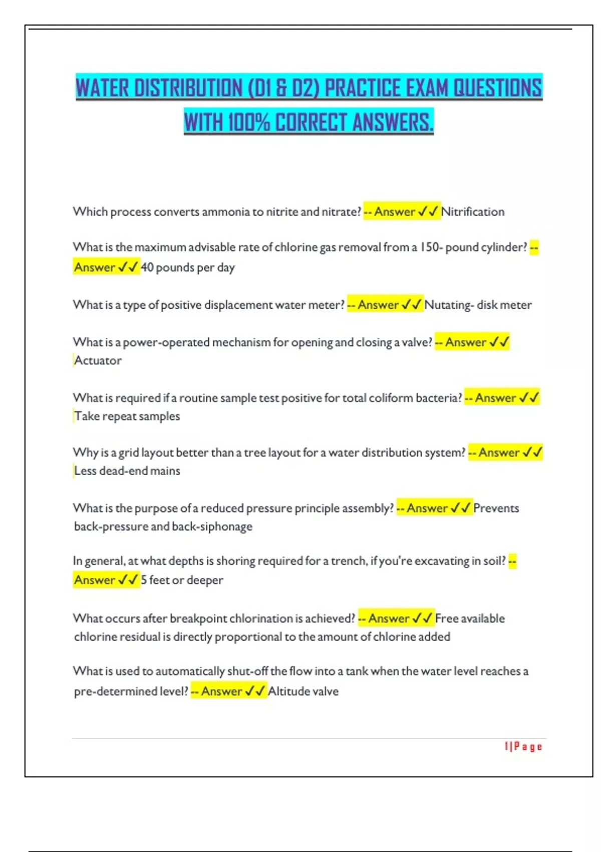WATER DISTRIBUTION (D1 & D2) PRACTICE EXAM QUESTIONS WITH 100% CORRECT ...