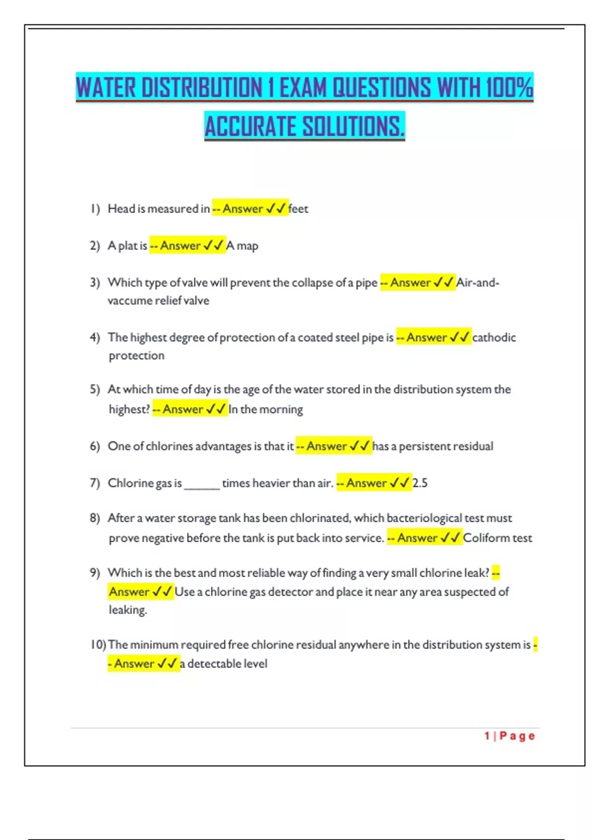 WATER DISTRIBUTION 1 EXAM QUESTIONS WITH 100% ACCURATE SOLUTIONS ...