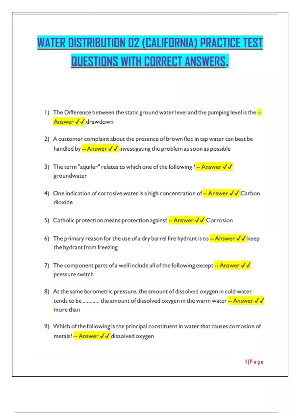 WATER DISTRIBUTION D2 (CALIFORNIA) PRACTICE TEST QUESTIONS WITH CORRECT ...