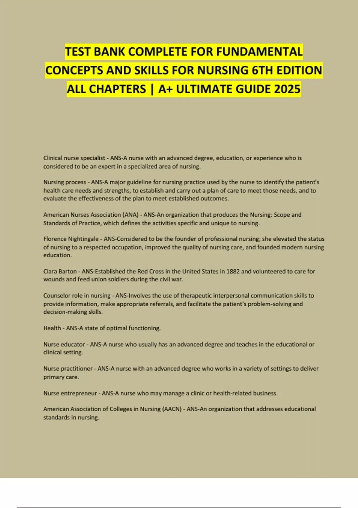 TEST BANK COMPLETE FOR FUNDAMENTAL CONCEPTS AND SKILLS FOR NURSING 6TH ...