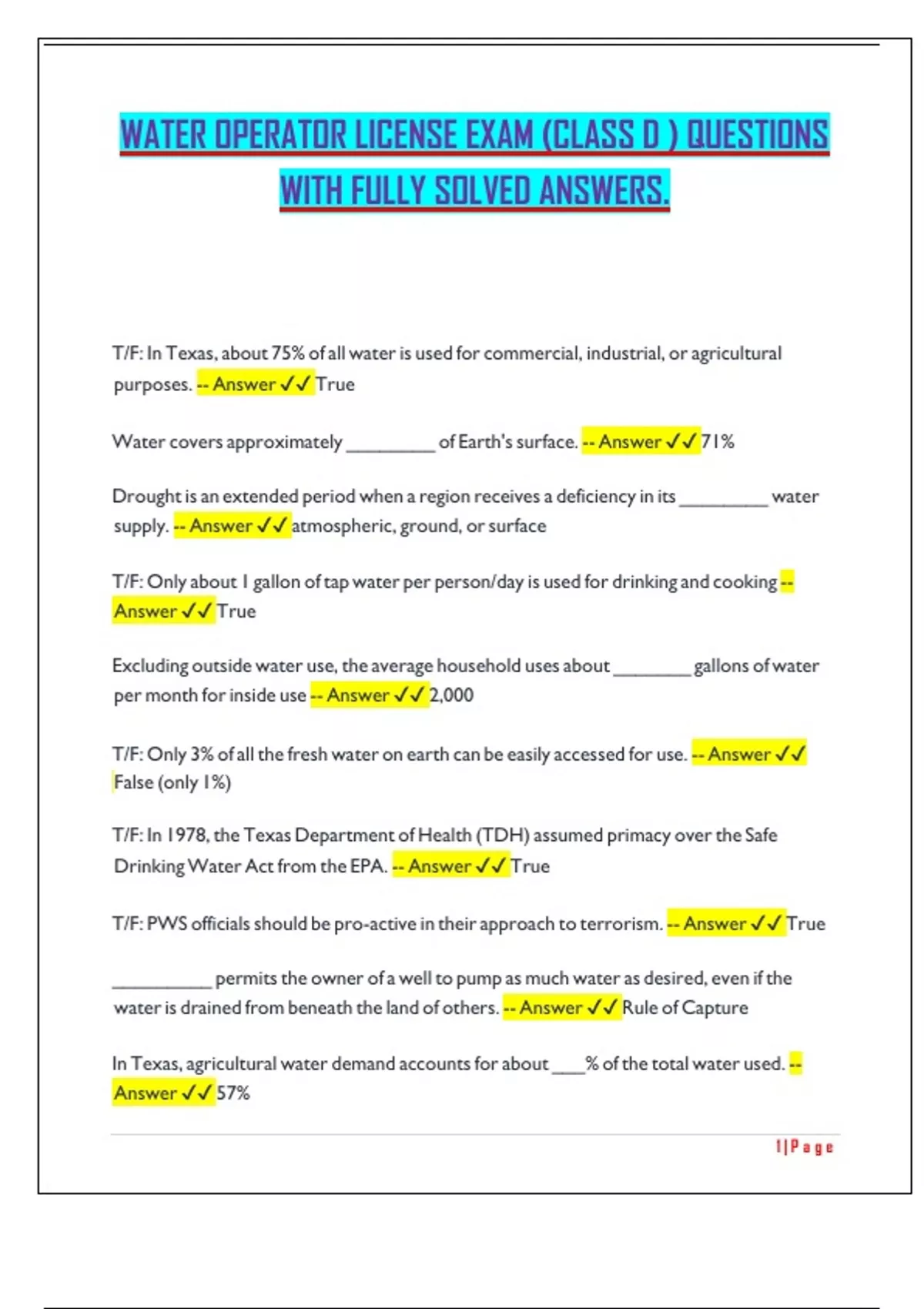 WATER OPERATOR LICENSE EXAM (CLASS D ) QUESTIONS WITH FULLY SOLVED ...