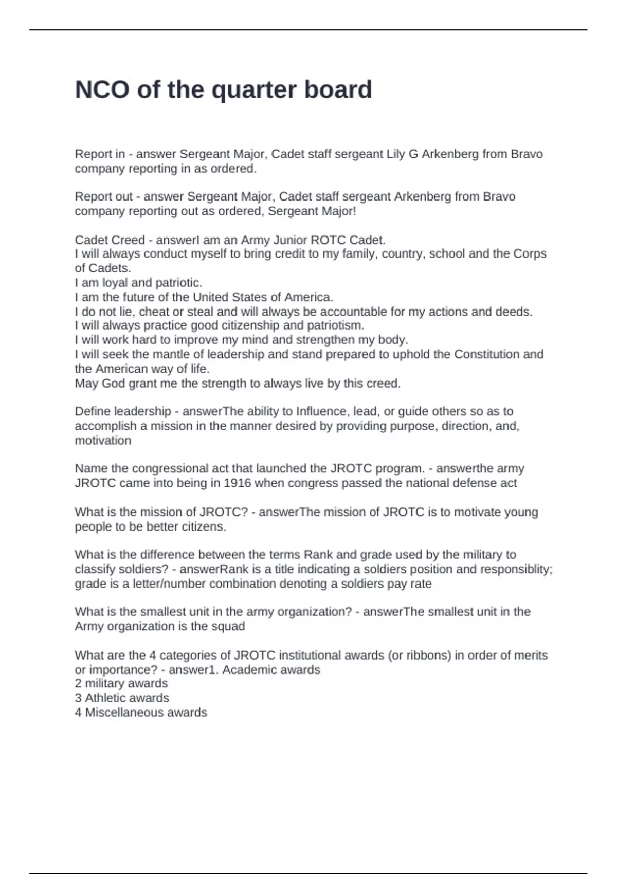 NCO of the quarter board Questions and Answers 100% Verified - NCO ...