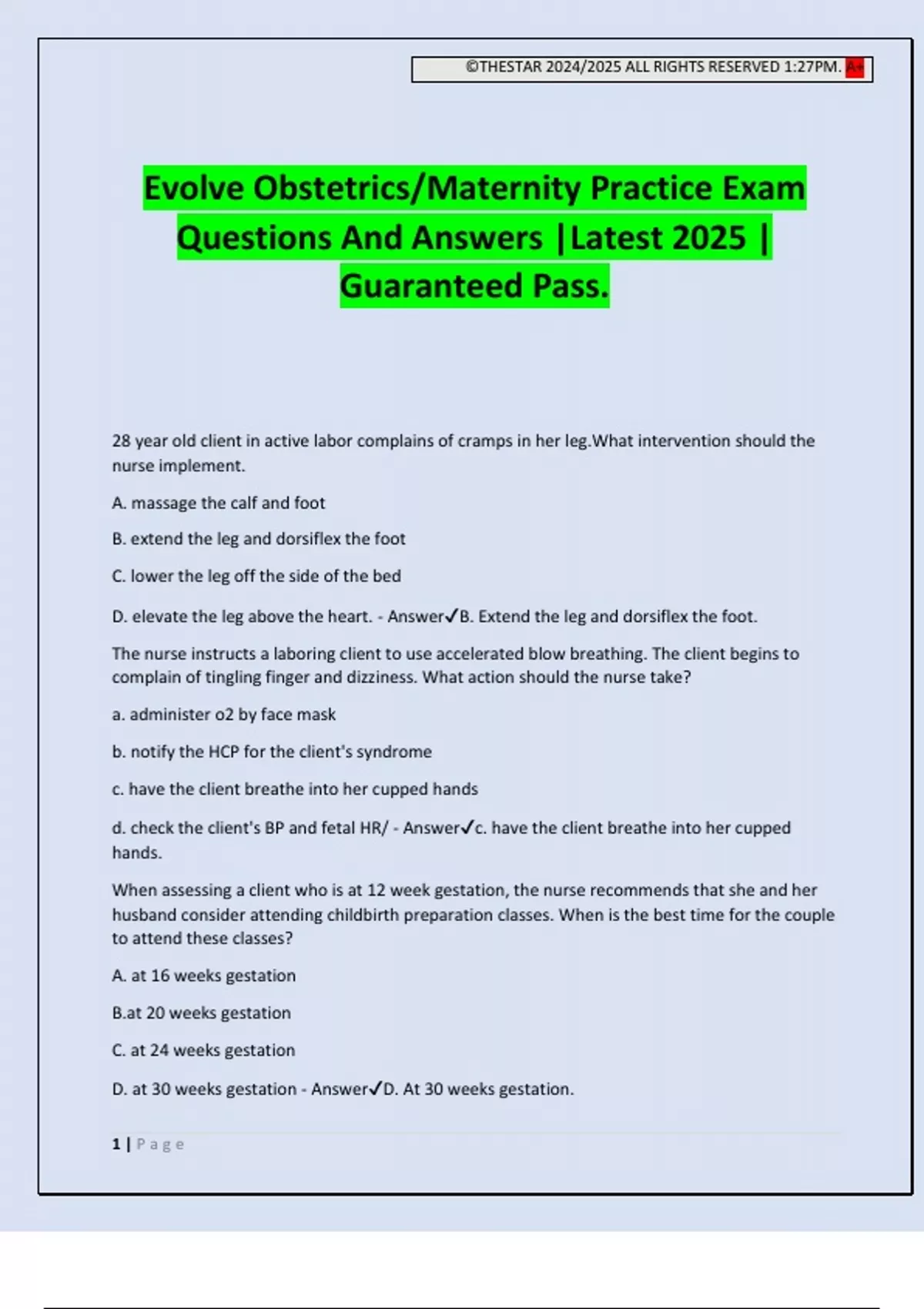 Evolve Obstetrics/Maternity Practice Exam Questions And Answers |Latest ...