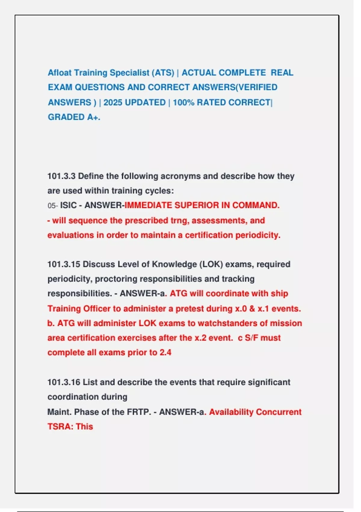 Afloat Training Specialist (ATS) | ACTUAL COMPLETE REAL EXAM QUESTIONS ...