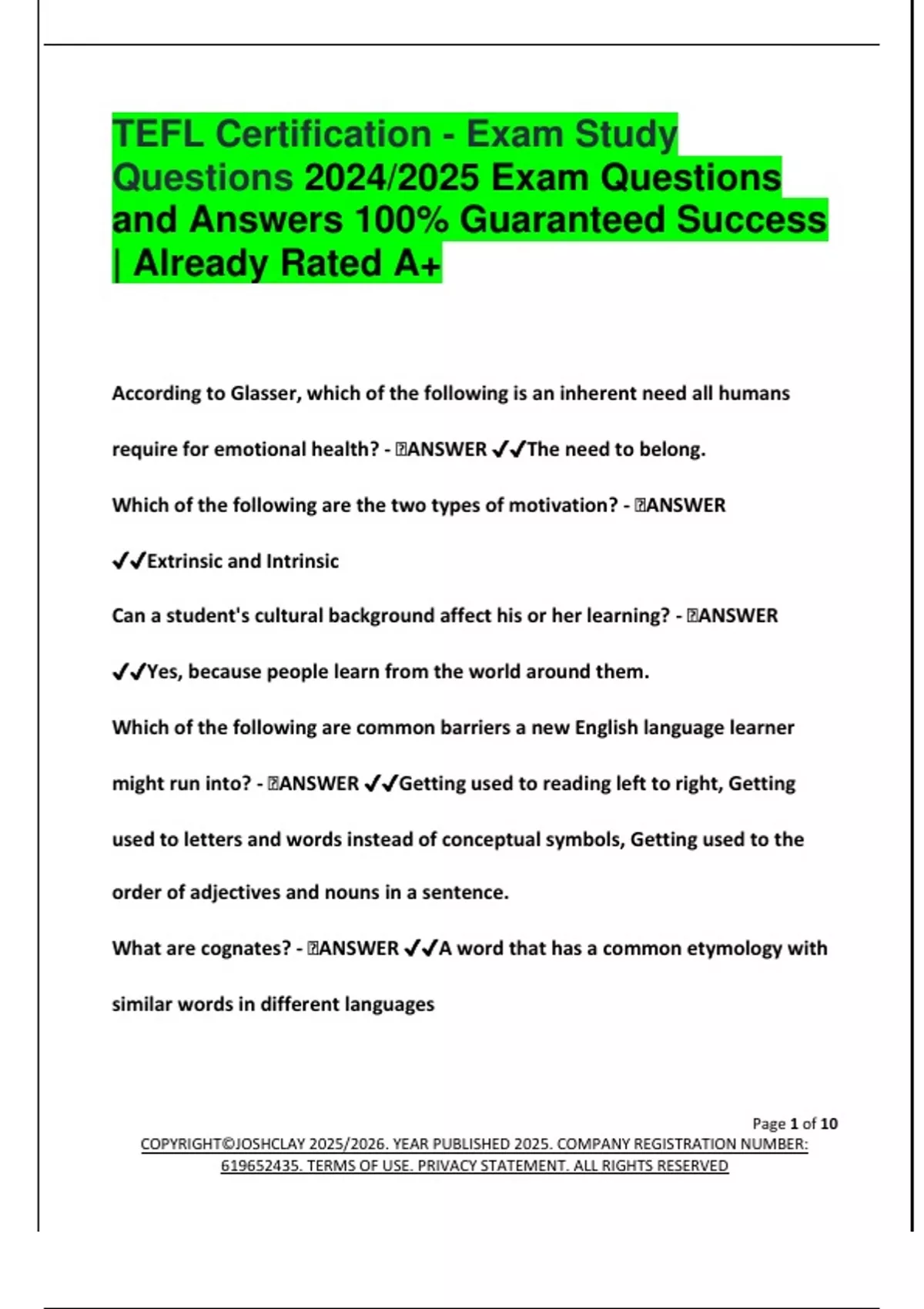 TEFL Certification - Exam Study Questions 2024/2025 Exam Questions and Answers 100% Guaranteed ...