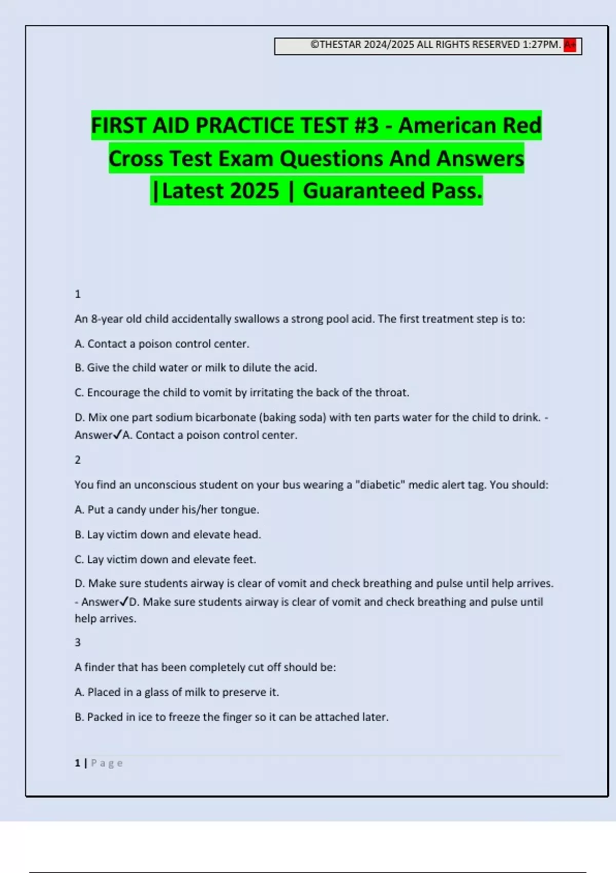 FIRST AID PRACTICE TEST #3 - American Red Cross Test Exam Questions And ...