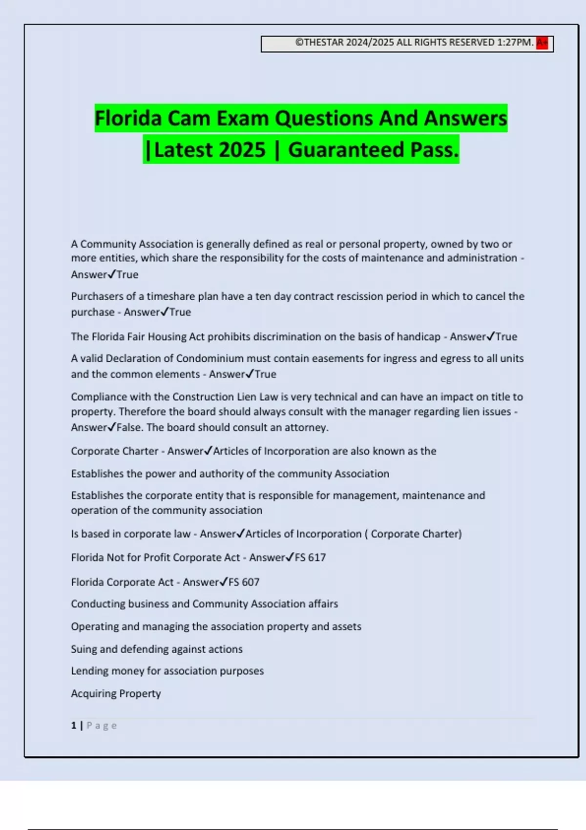 Florida Cam Exam Questions And Answers |Latest 2025 | Guaranteed Pass ...