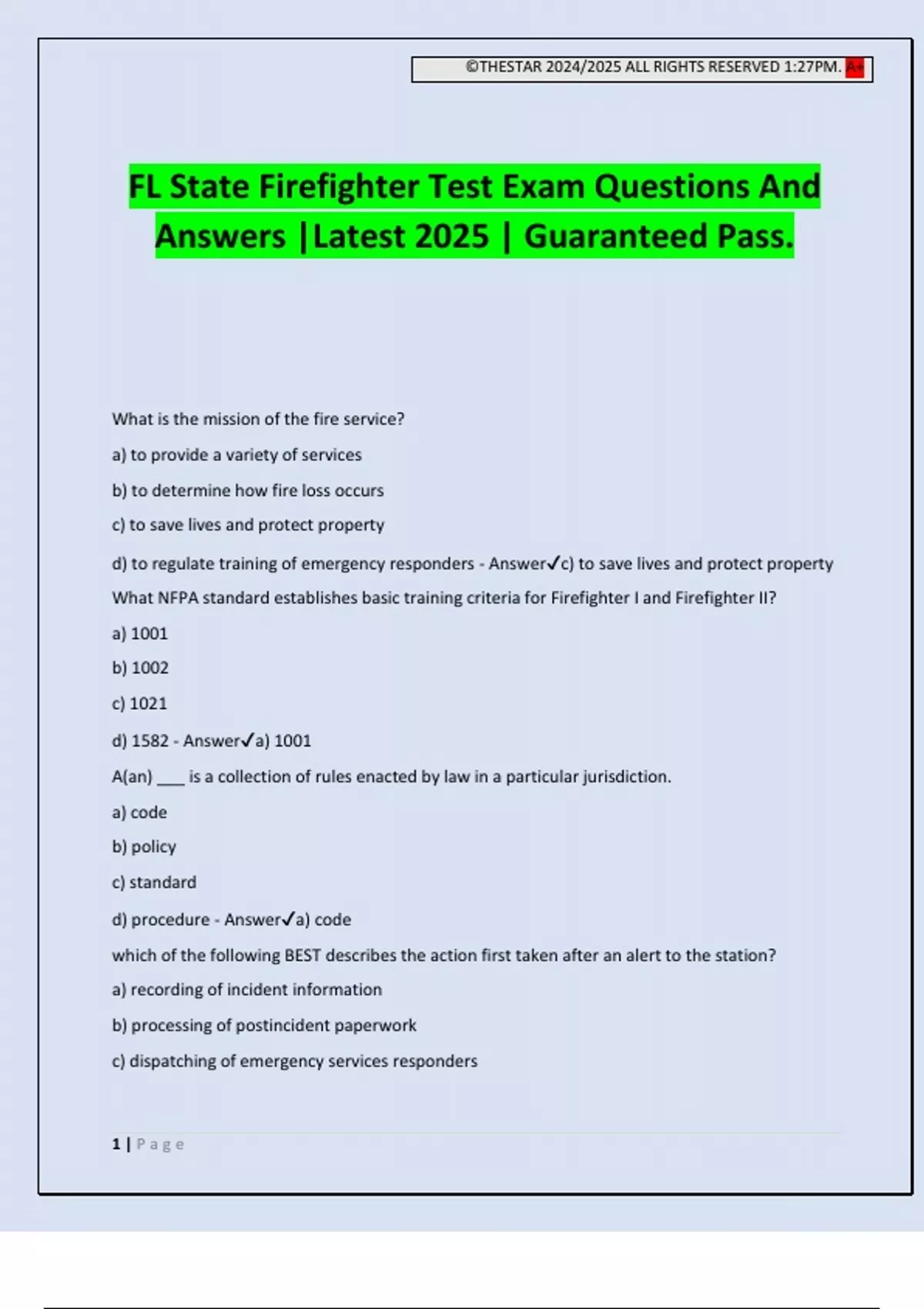 FL State Firefighter Test Exam Questions And Answers |Latest 2025 ...