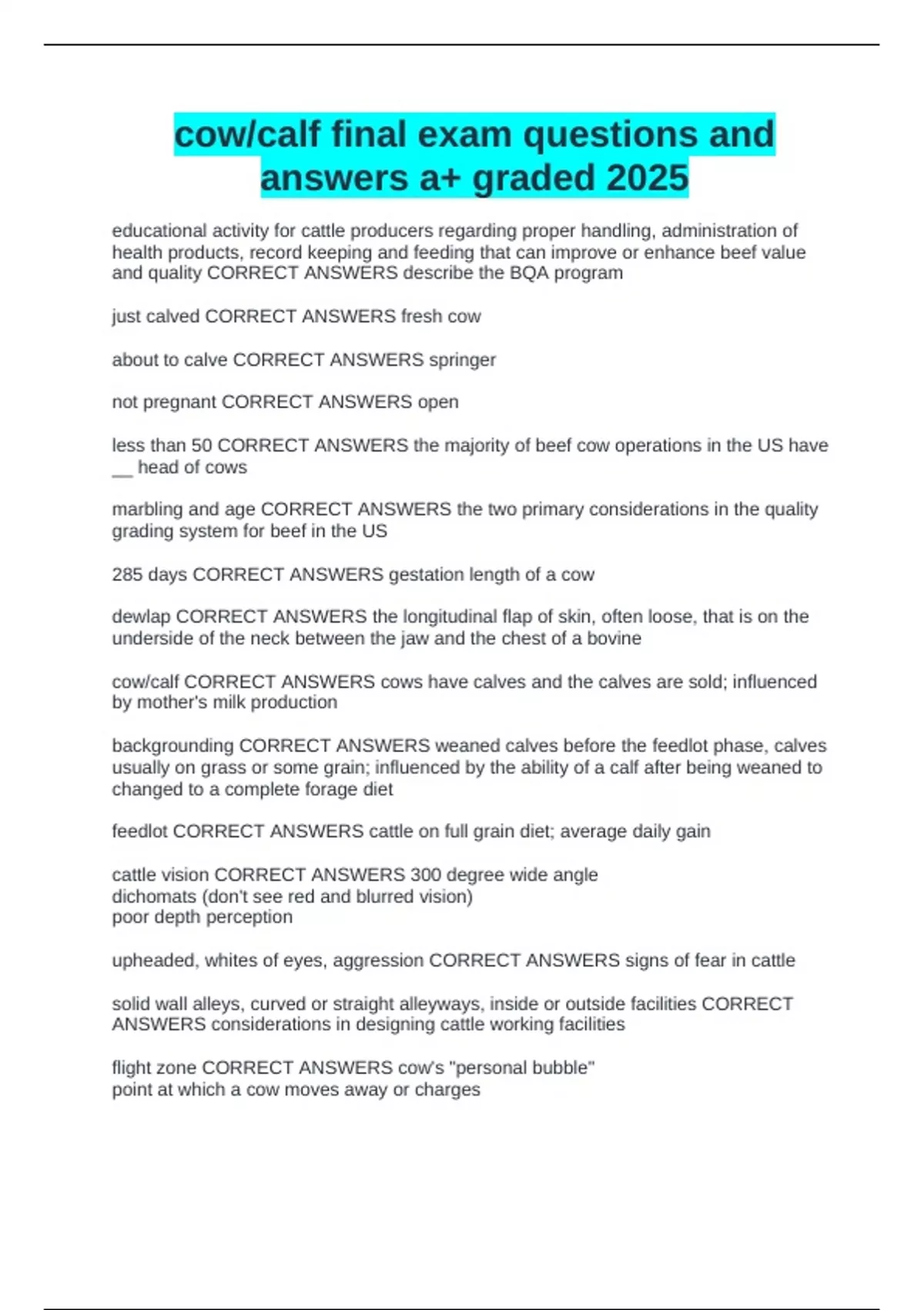 cow/calf final exam questions and answers a+ graded 2025 - Cow-Calf ...