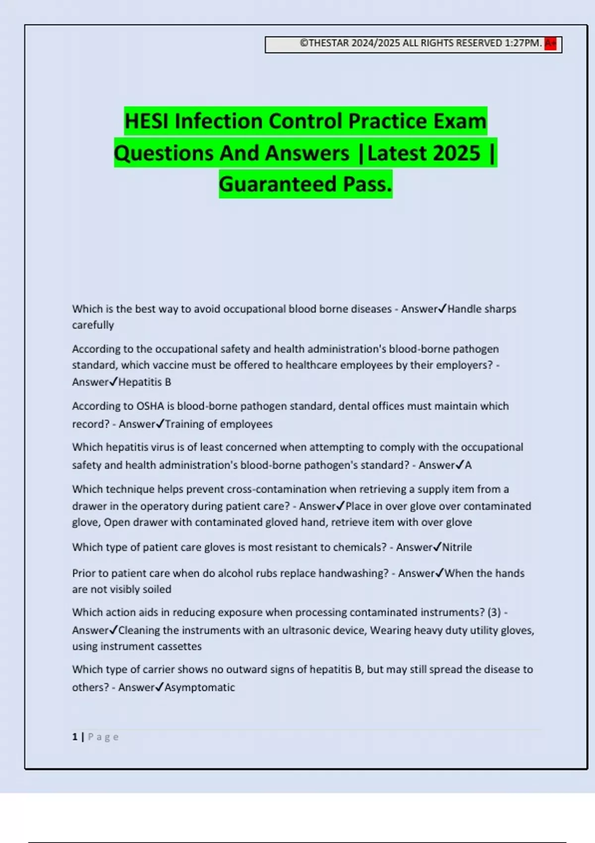 HESI Infection Control Practice Exam Questions And Answers |Latest 2025 ...