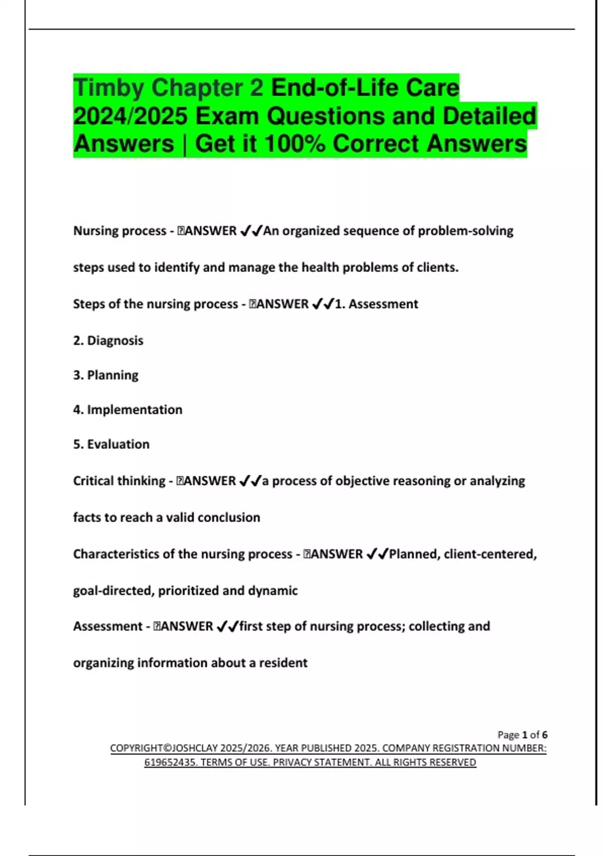 Timby Chapter 2 End-of-Life Care 2024/2025 Exam Questions and Detailed ...
