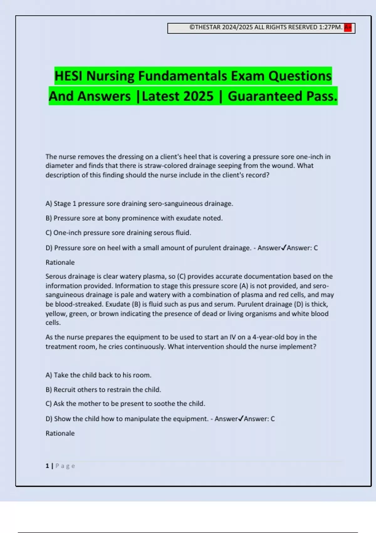 HESI Nursing Fundamentals Exam Questions And Answers |Latest 2025 ...