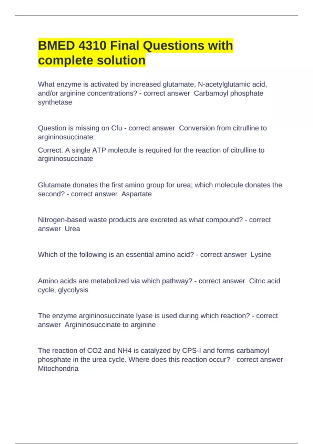 BMED 4310 Final Questions with complete solution - BMED - Stuvia US