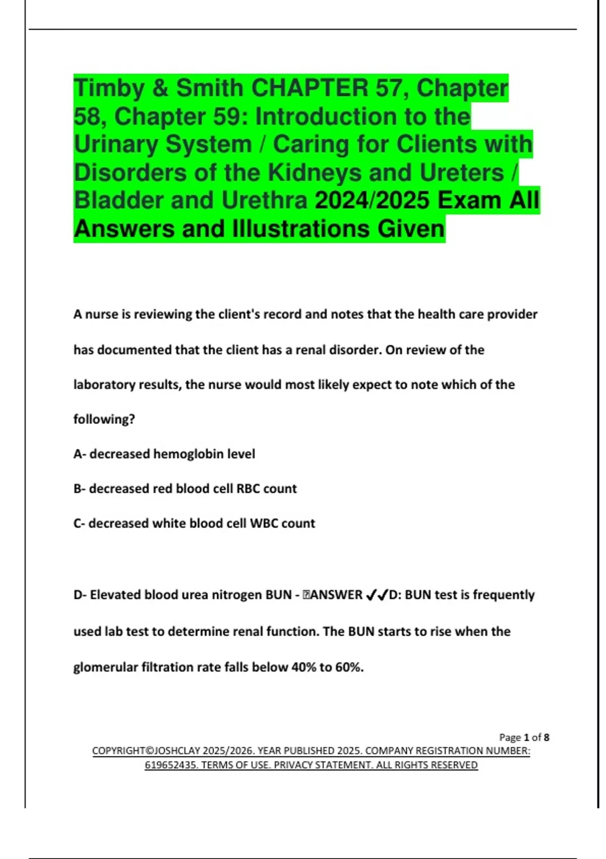 Timby & Smith CHAPTER 57, Chapter 58, Chapter 59: Introduction to the Urinary System / Caring ...