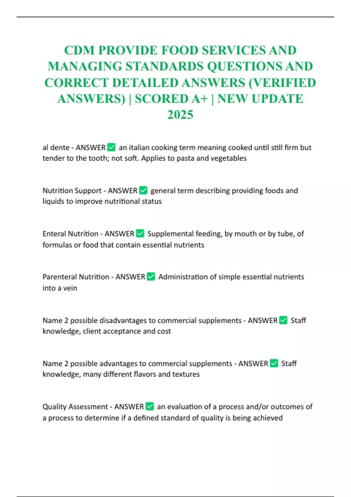CDM PROVIDE FOOD SERVICES AND MANAGING STANDARDS QUESTIONS AND CORRECT ...