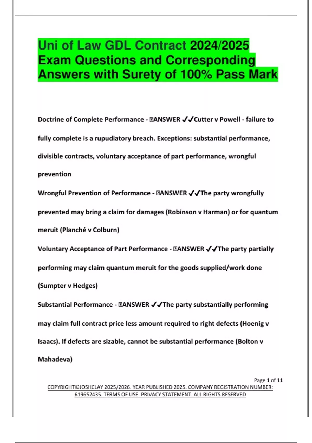 Uni of Law GDL Contract 2024/2025 Exam Questions and Corresponding ...