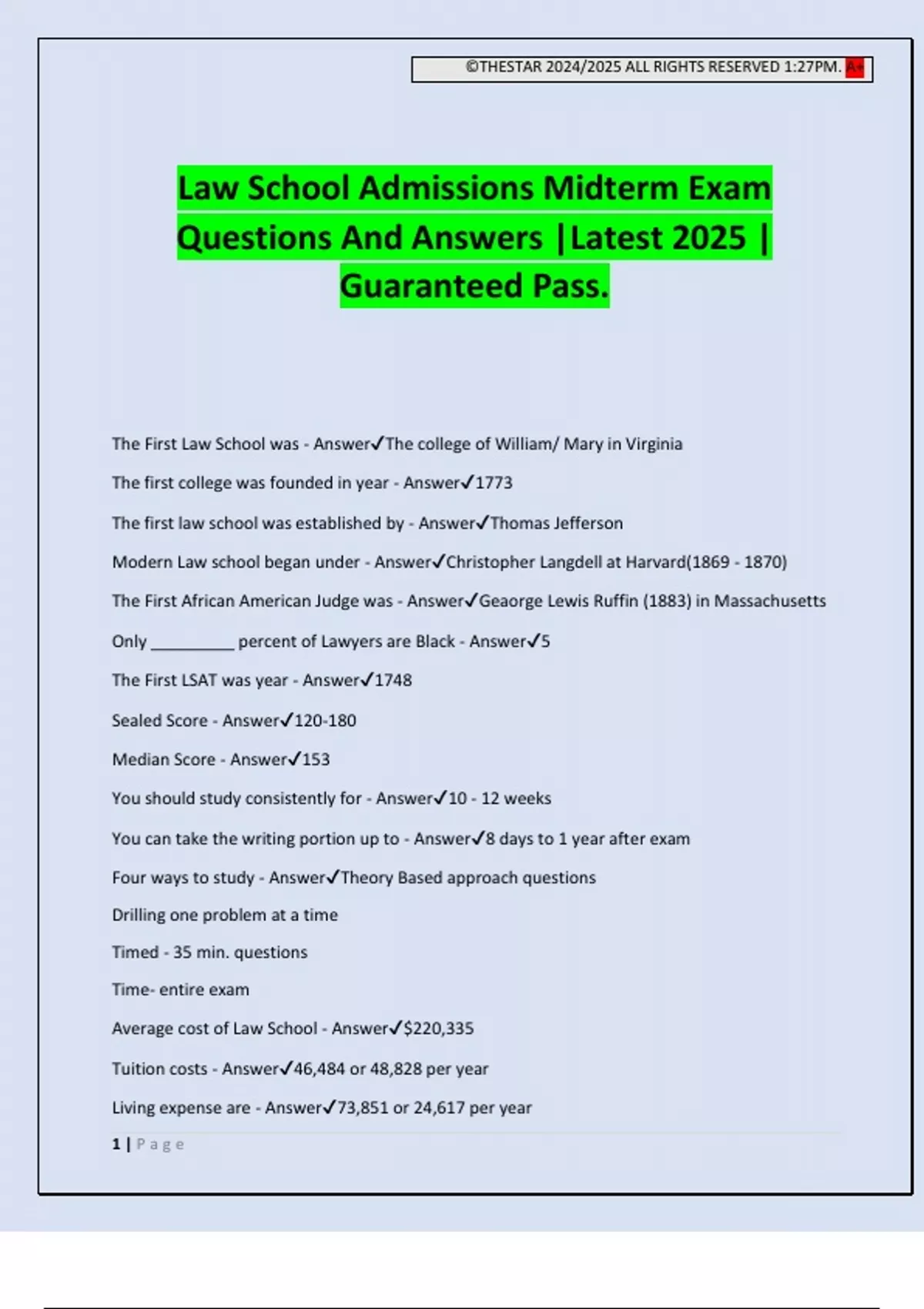 Law School Admissions Midterm Exam Questions And Answers |Latest 2025 ...