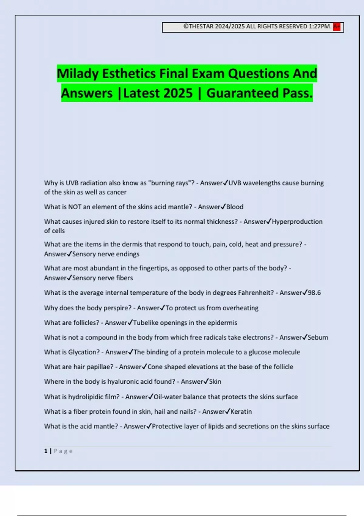 Milady Esthetics Final Exam Questions And Answers |Latest 2025 ...