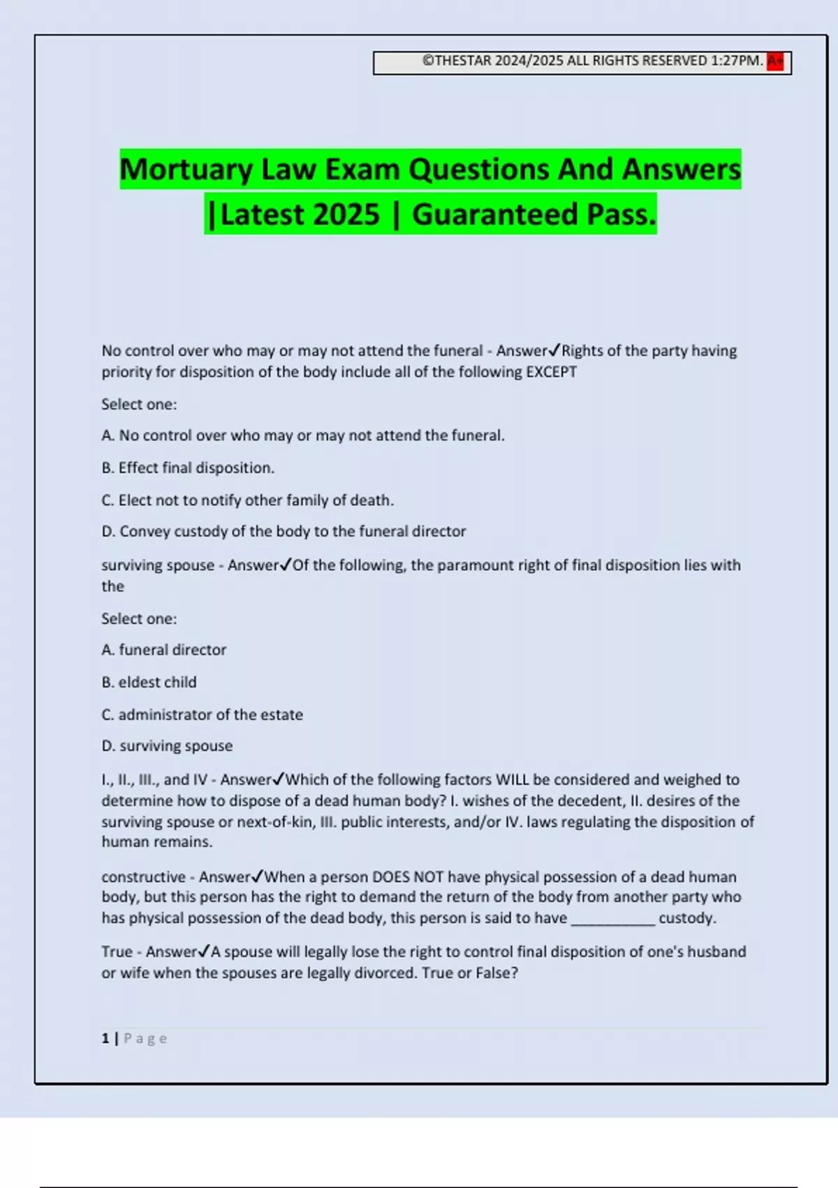 Mortuary Law Exam Questions And Answers |Latest 2025 | Guaranteed Pass ...
