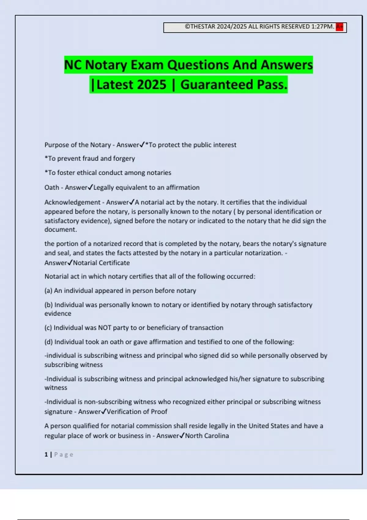 NC Notary Exam Questions And Answers |Latest 2025 | Guaranteed Pass ...