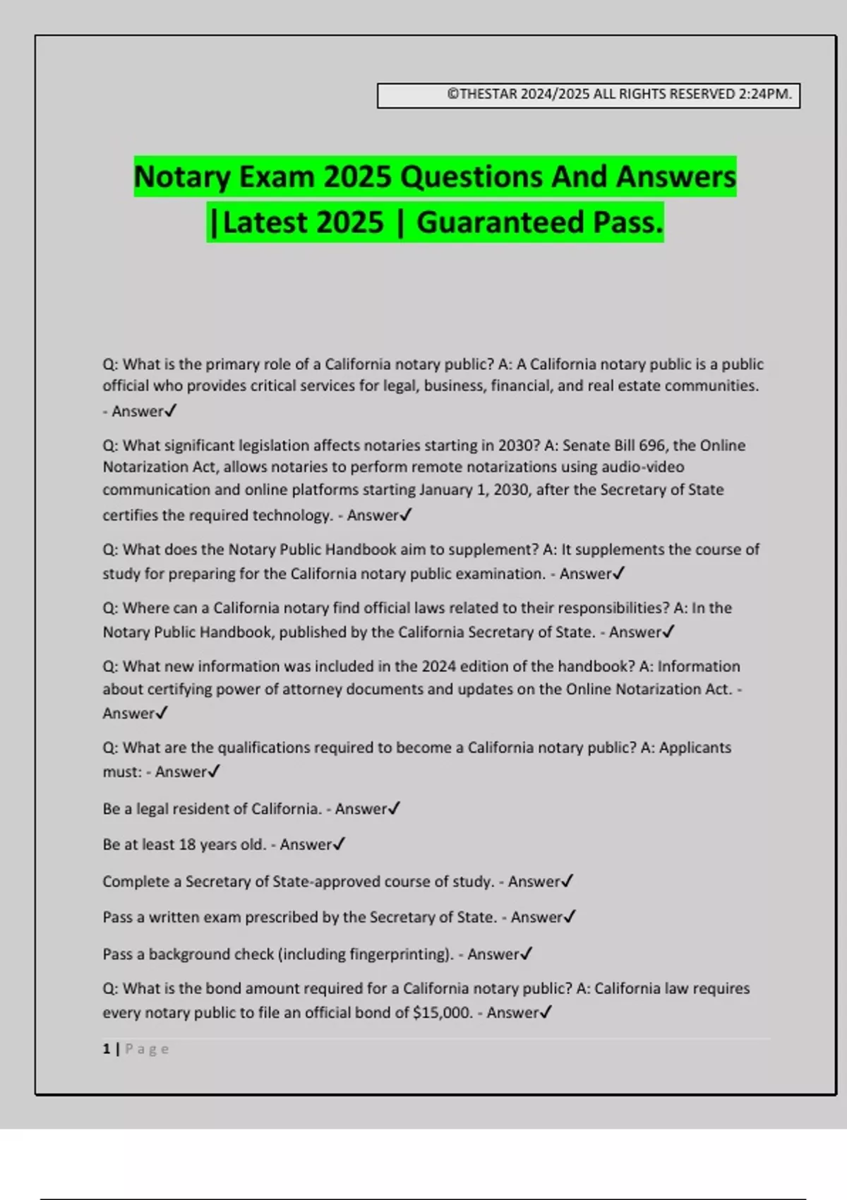 Notary Exam 2025 Questions And Answers |Latest 2025 | Guaranteed Pass ...