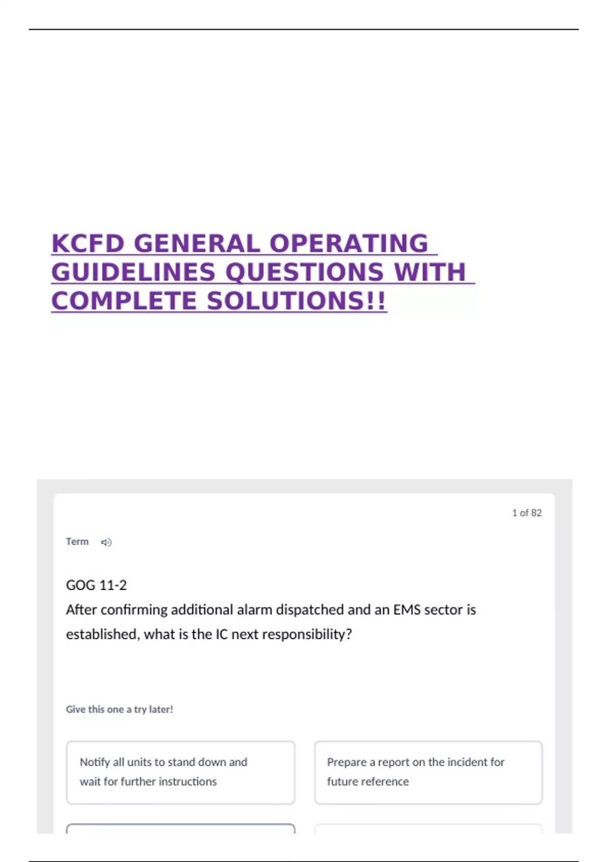 KCFD GENERAL OPERATING GUIDELINES QUESTIONS WITH COMPLETE SOLUTIONS ...