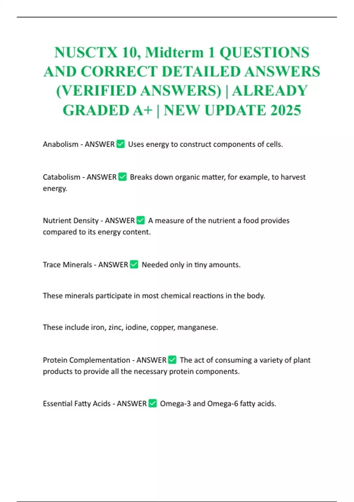 NUSCTX 10, Midterm 1 QUESTIONS AND CORRECT DETAILED ANSWERS (VERIFIED ANSWERS) | ALREADY GRADED ...