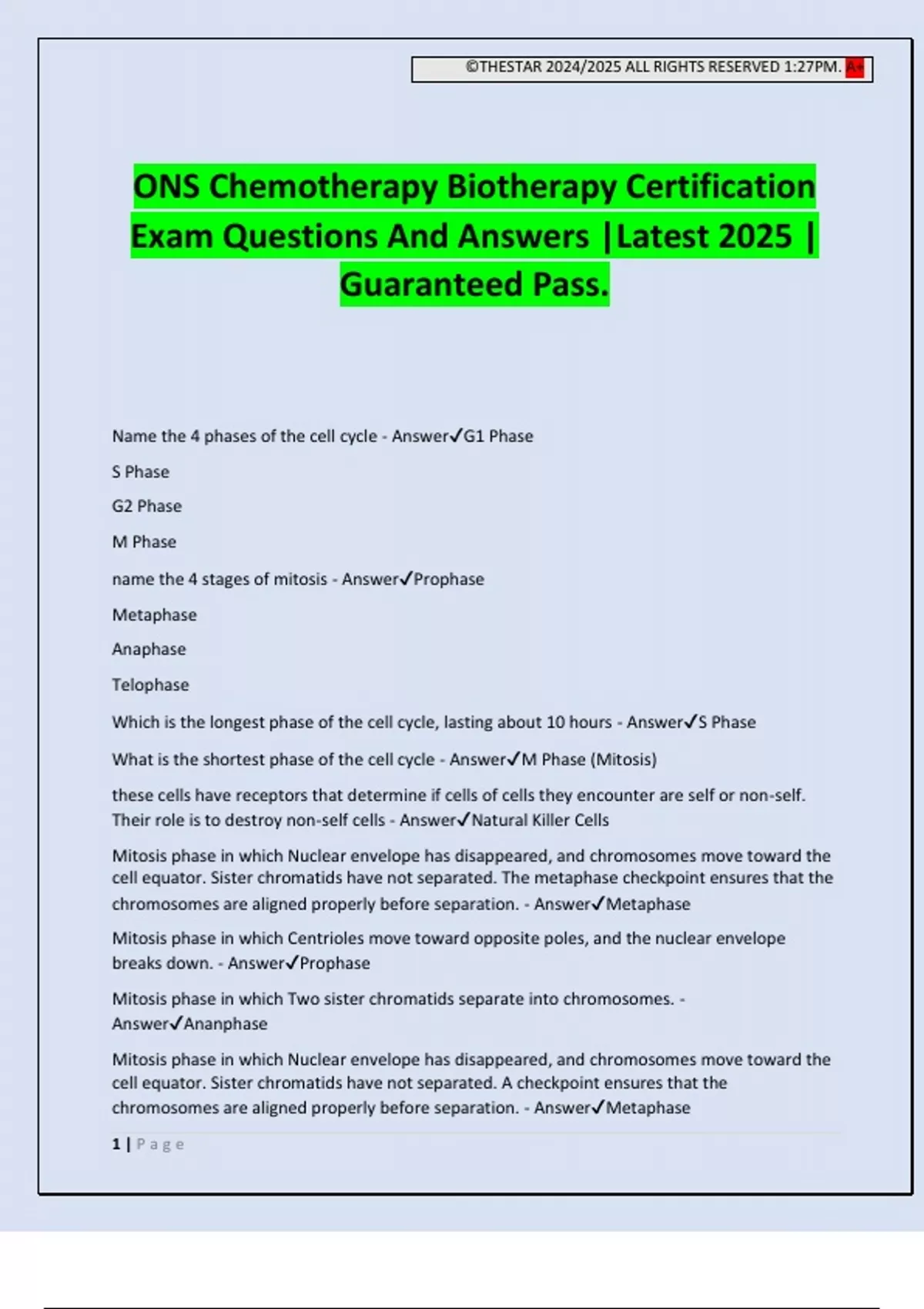 ONS Chemotherapy Biotherapy Certification Exam Questions And Answers ...