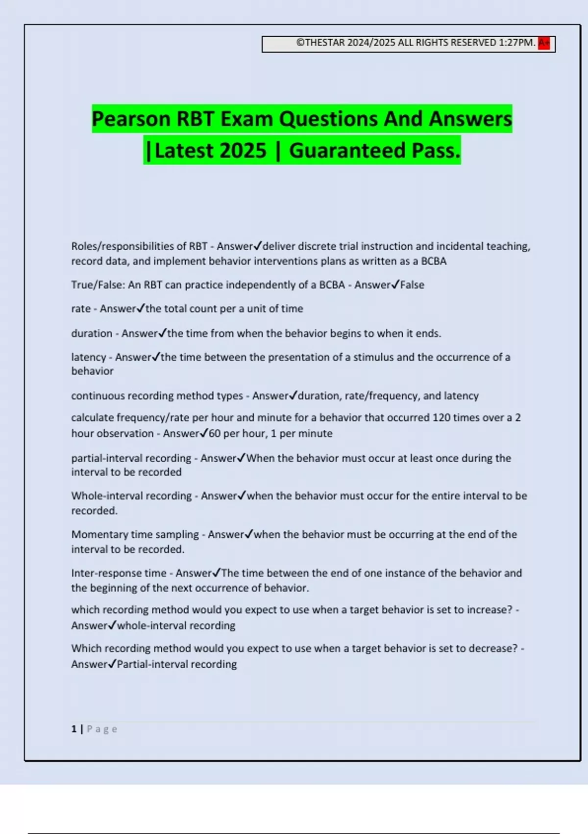 Pearson RBT Exam Questions And Answers |Latest 2025 | Guaranteed Pass ...