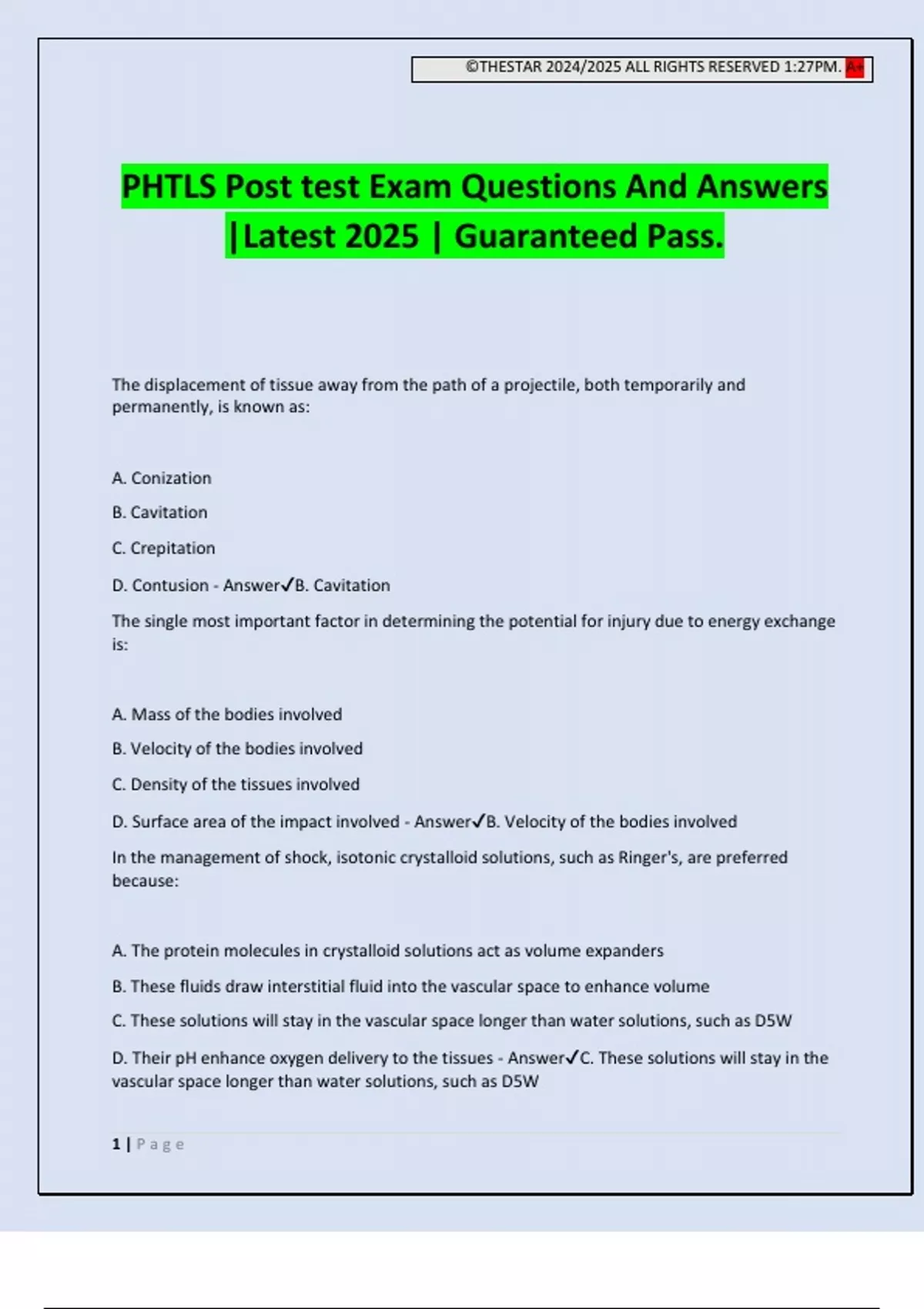 PHTLS Post test Exam Questions And Answers |Latest 2025 | Guaranteed ...