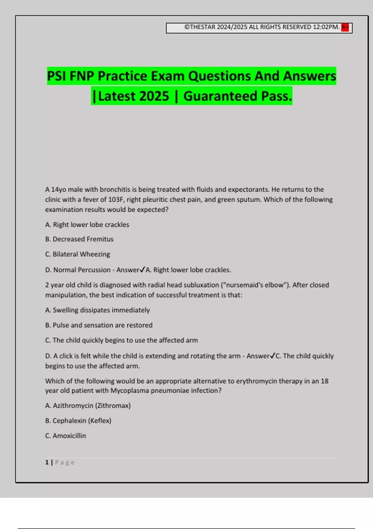 PSI FNP Practice Exam Questions And Answers |Latest 2025 | Guaranteed ...