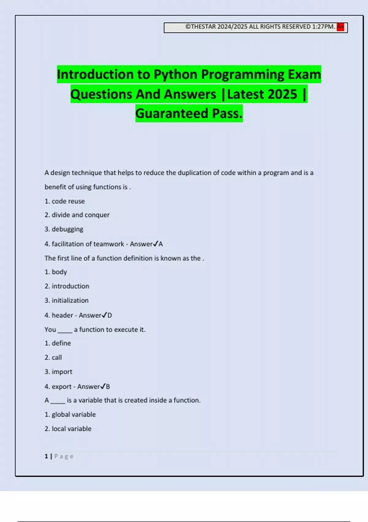 Introduction to Python Programming Exam Questions And Answers |Latest ...