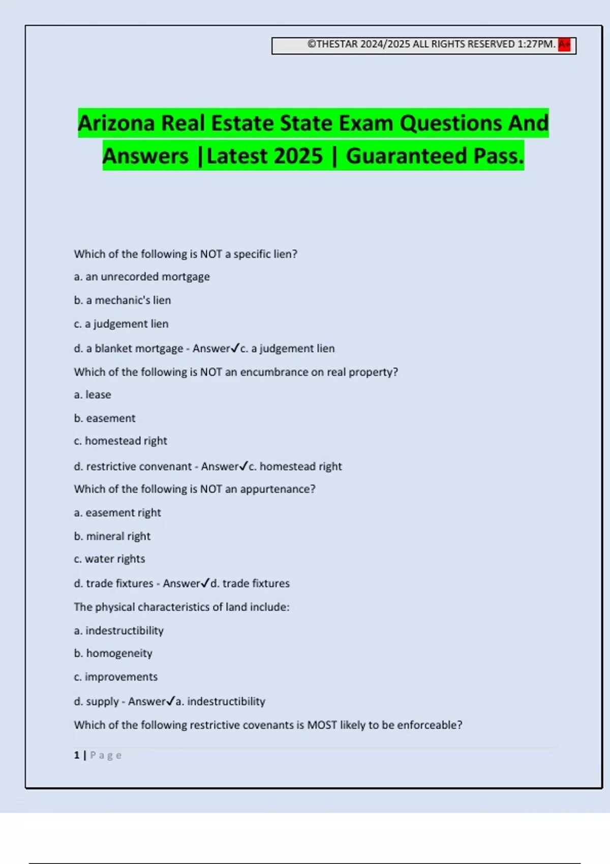 Arizona Real Estate State Exam Questions And Answers |Latest 2025 ...
