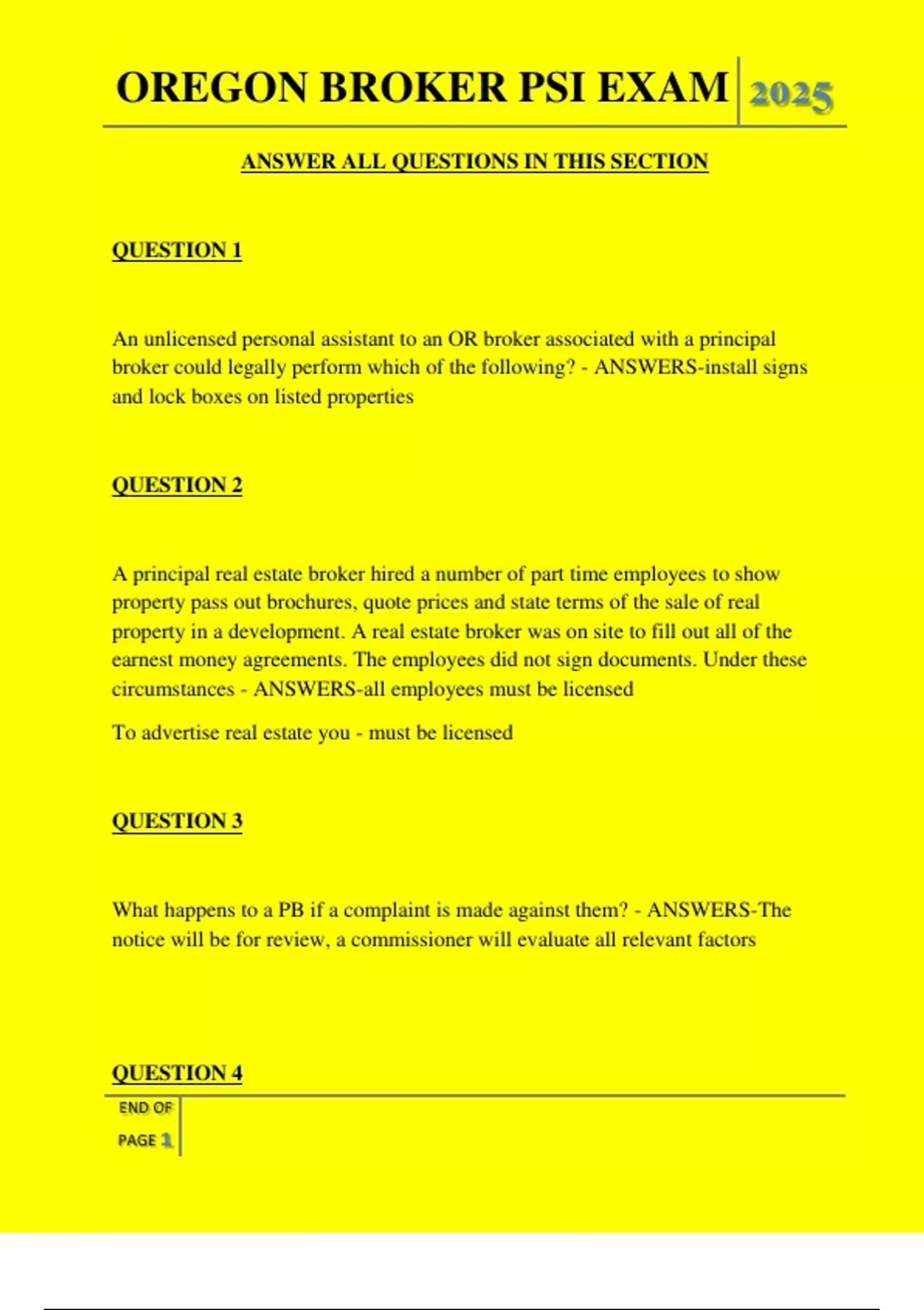 OREGON BROKER PSI EXAM QUESTIONS AND ANSWERS 2025 - OREGON BROKER PSI ...