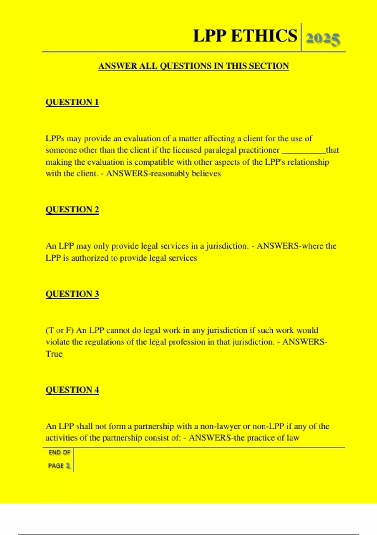 LPP ETHICS QUESTIONS AND ANSWERS 2025 - LPP ETHICS - Stuvia US