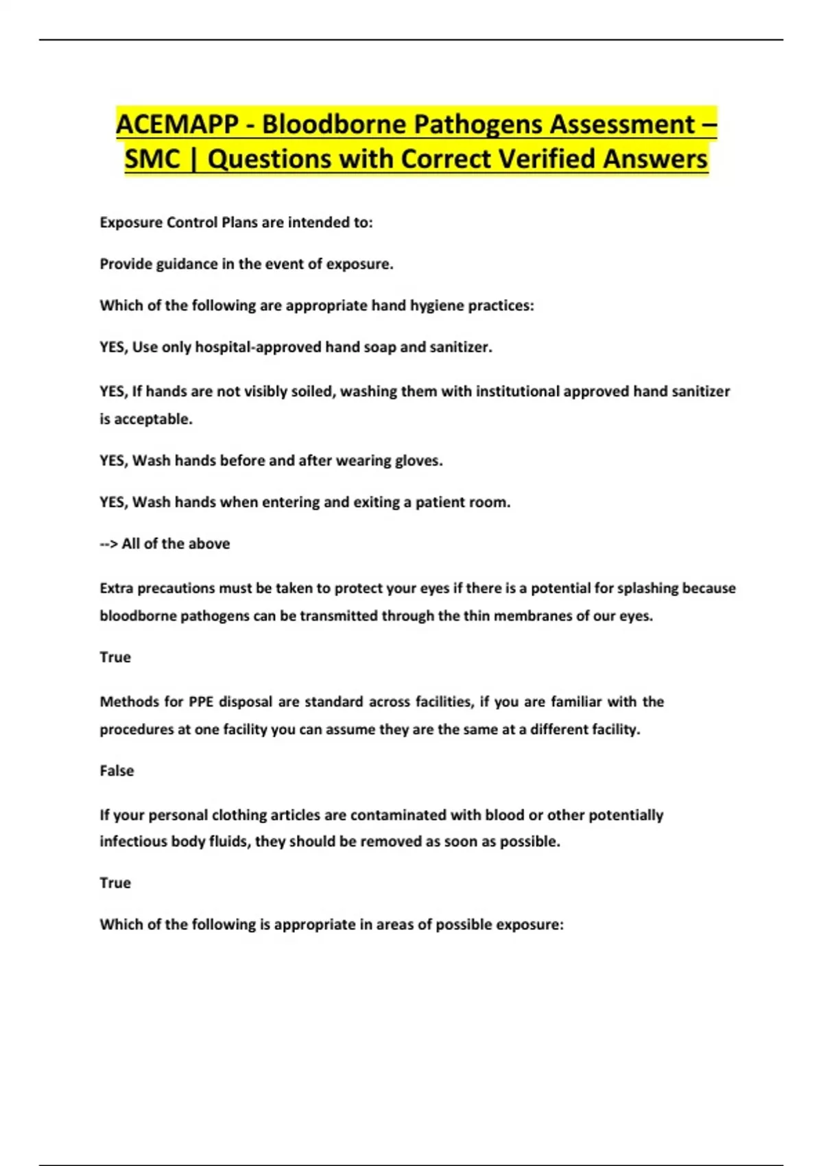 ACEMAPP - Bloodborne Pathogens Assessment – SMC | Questions with ...