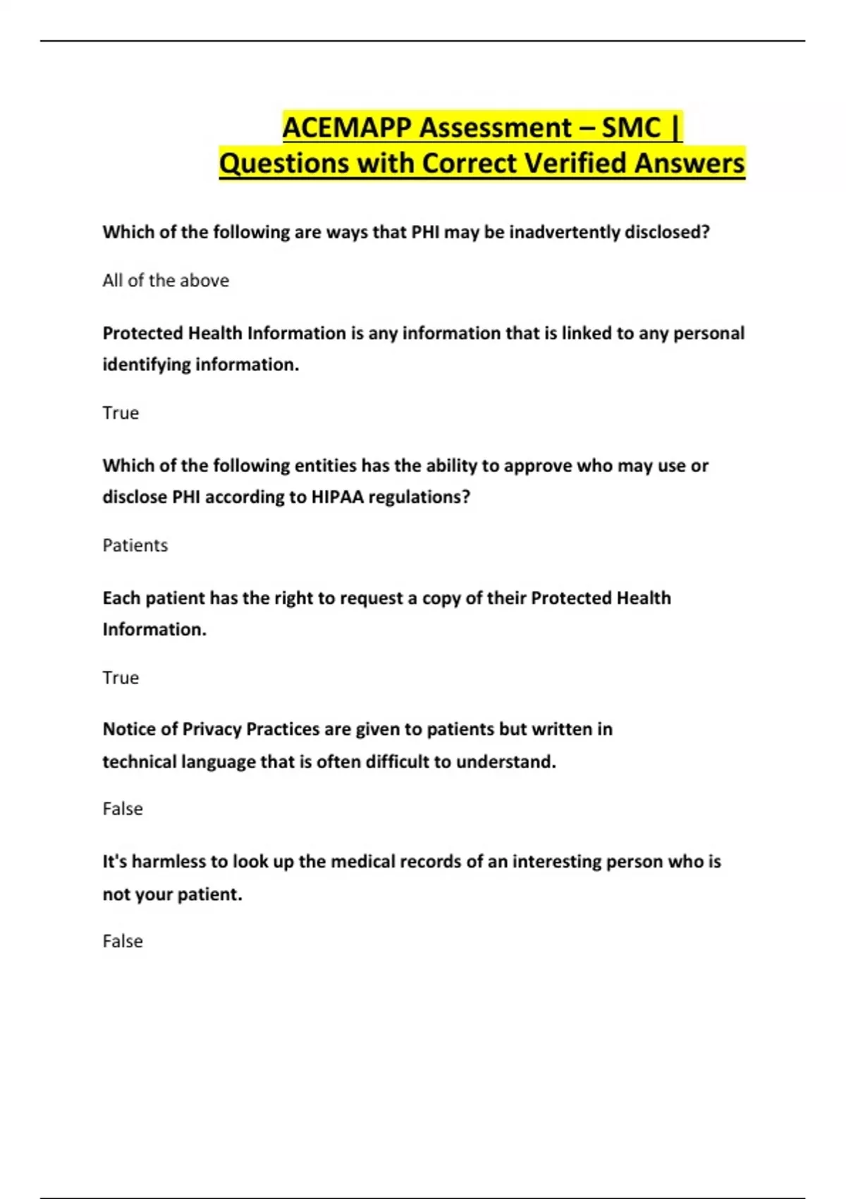 ACEMAPP Assessment – SMC | Questions with Correct Verified Answers - ACEMAPP - Stuvia US