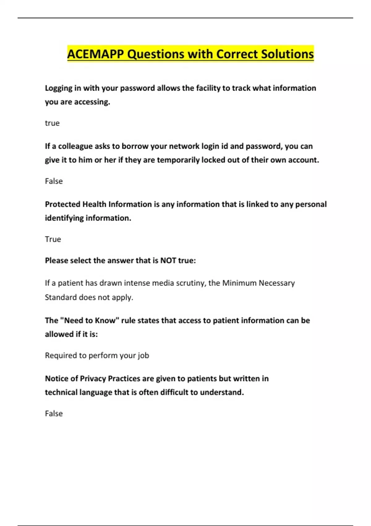ACEMAPP Questions with Correct Solutions - ACEMAPP - Stuvia US