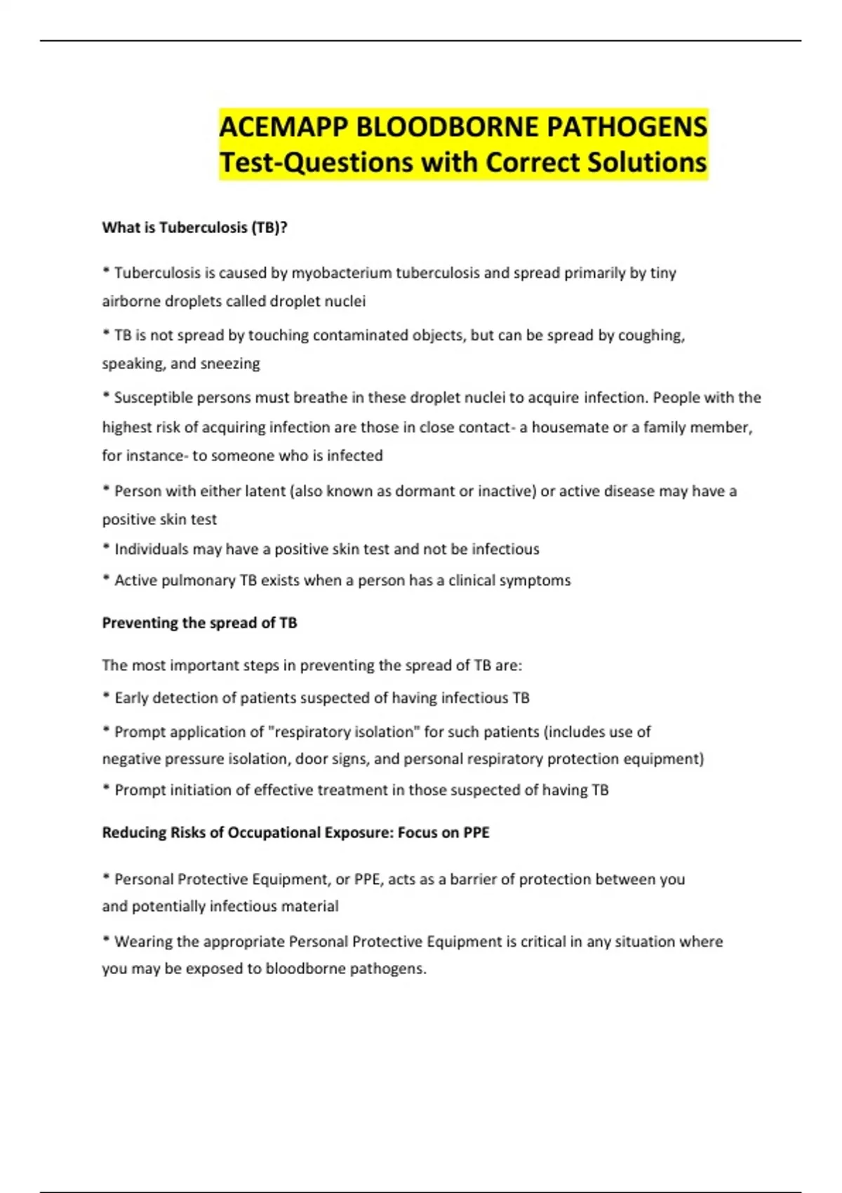 ACEMAPP BLOODBORNE PATHOGENS Test-Questions with Correct Solutions ...