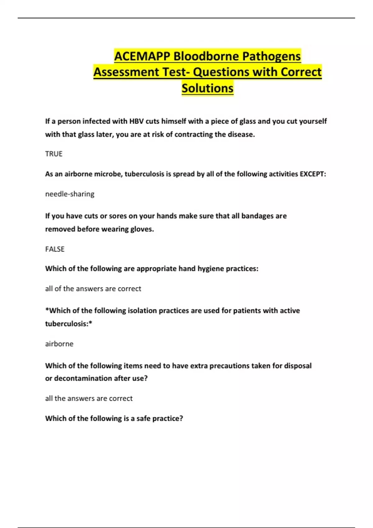 ACEMAPP Bloodborne Pathogens Assessment Test- Questions with Correct ...