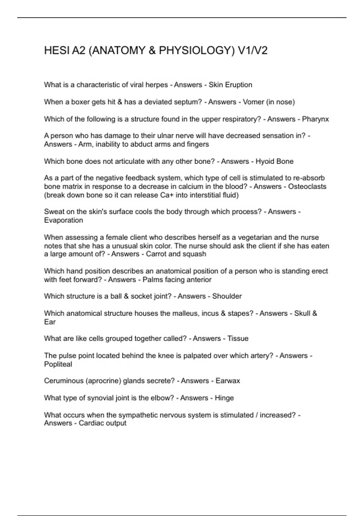 HESI A2 (ANATOMY & PHYSIOLOGY) V1/V2 - HESI A2 - Stuvia US