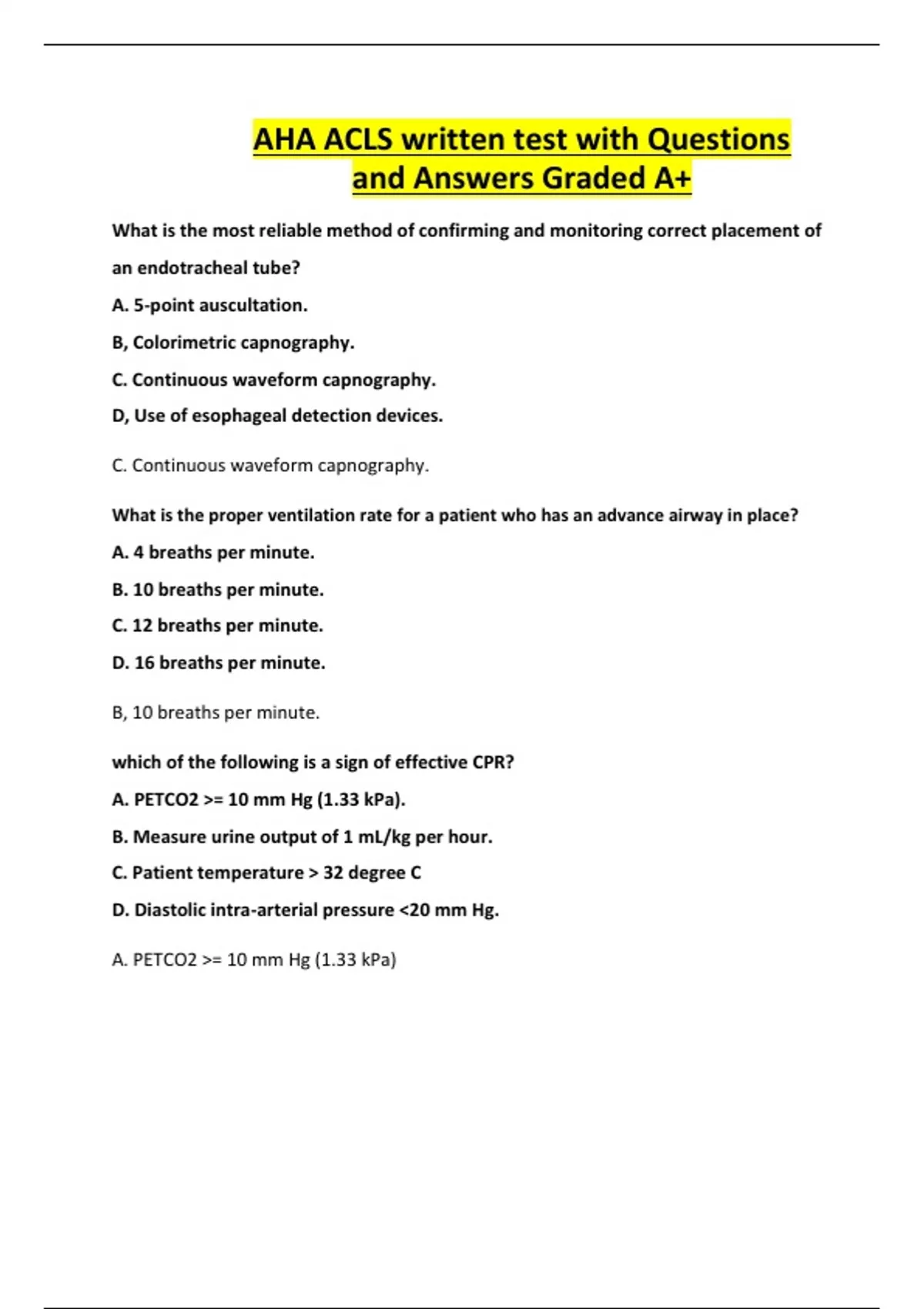 AHA ACLS written test with Questions and Answers Graded A+ - AHA ACLS ...