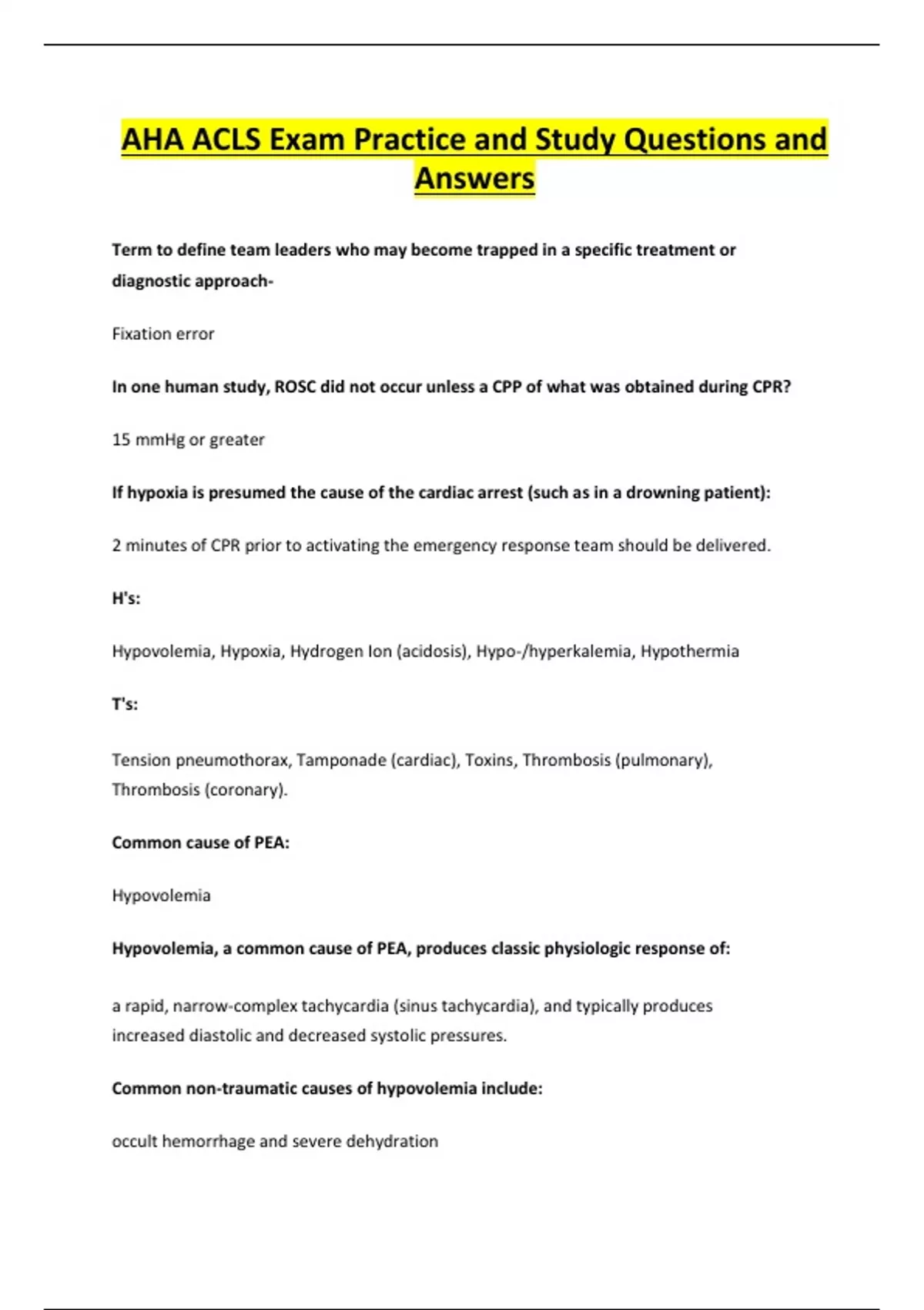 AHA ACLS Exam Practice and Study Questions and Answers - AHA ACLS ...