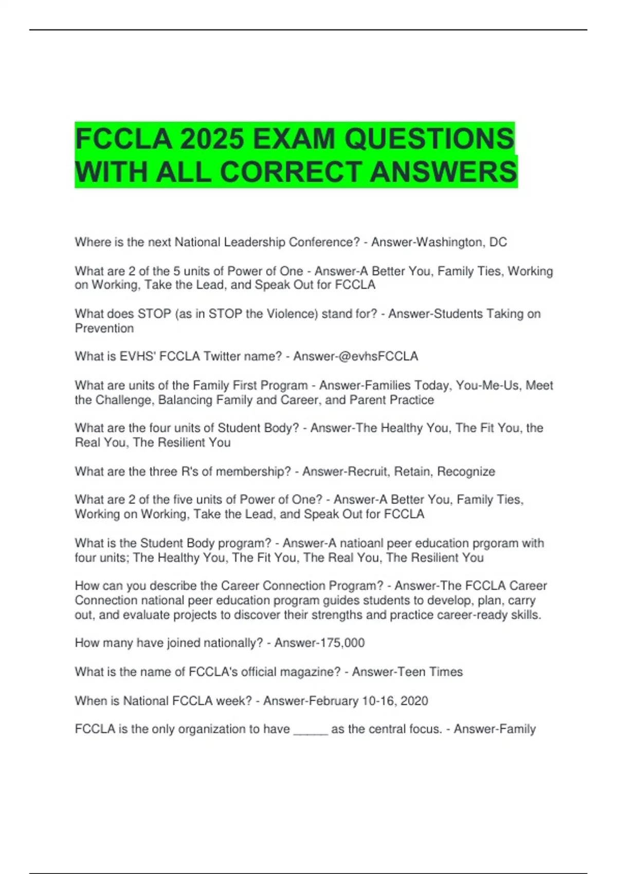 FCCLA 2025 EXAM QUESTIONS WITH ALL CORRECT ANSWERS - FCCLA - Stuvia US