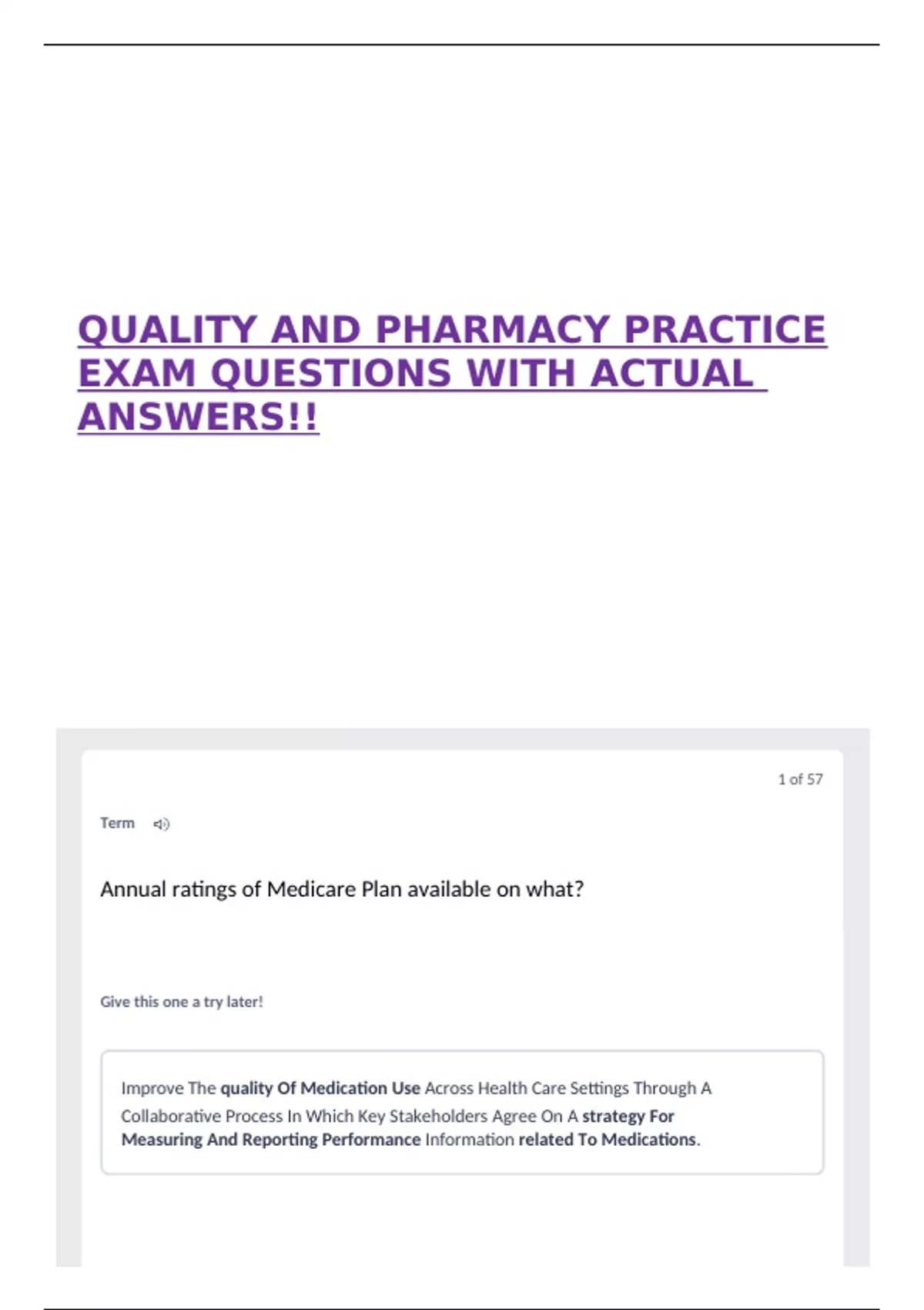 QUALITY AND PHARMACY PRACTICE EXAM QUESTIONS WITH ACTUAL ANSWERS!! - QUALITY AND PHARMACY ...