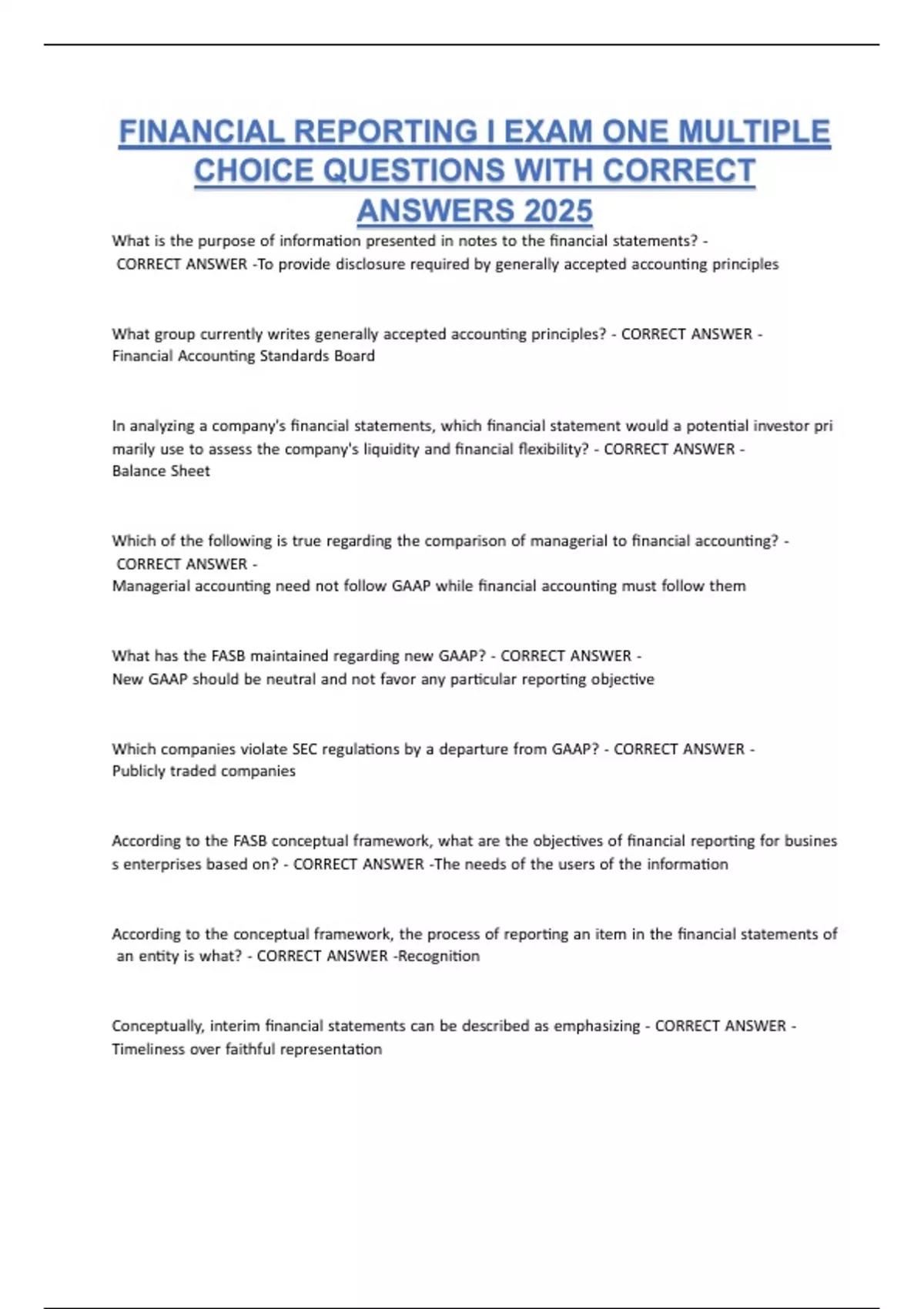 FINANCIAL REPORTING I EXAM ONE MULTIPLE CHOICE QUESTIONS WITH CORRECT ...
