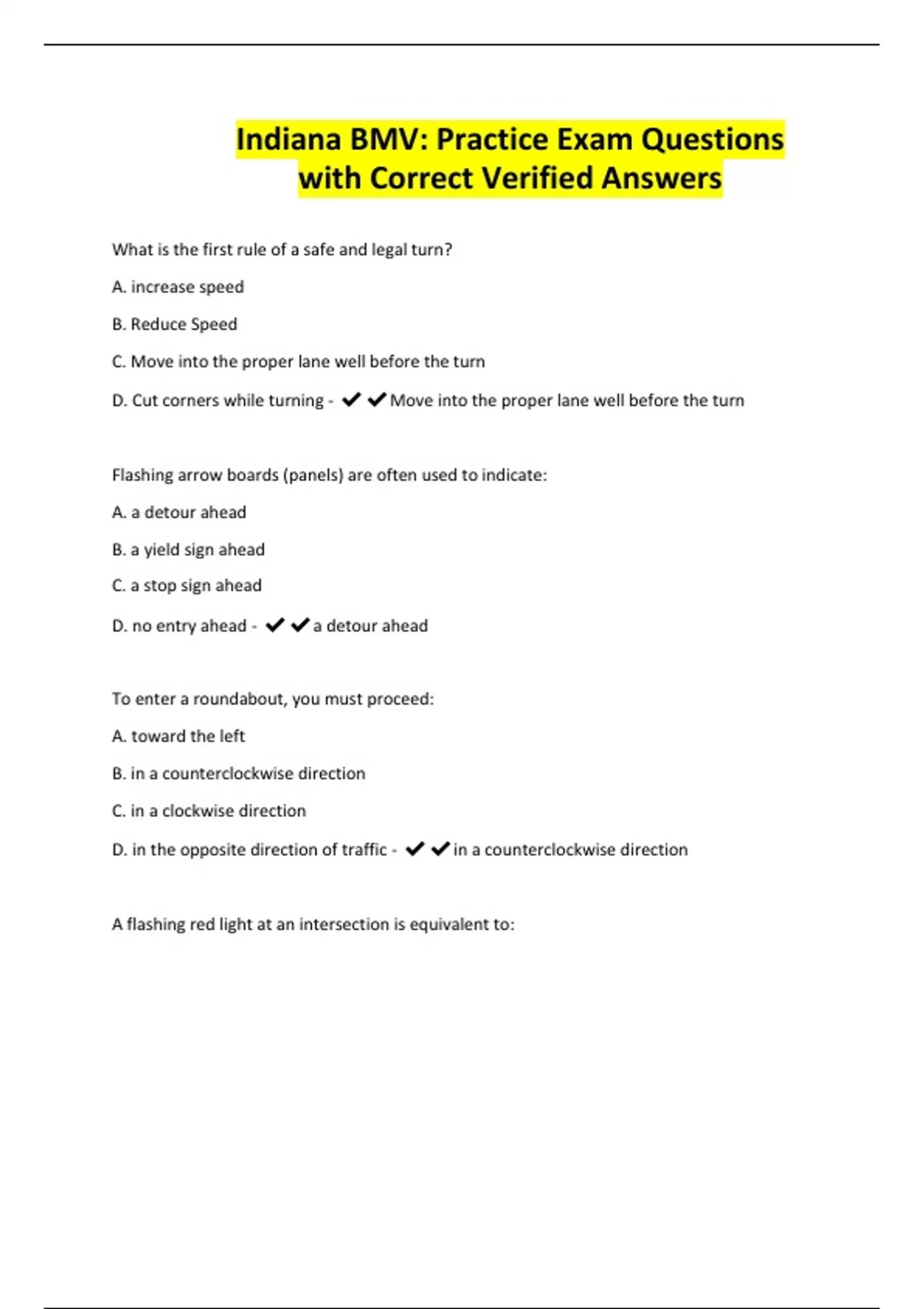 Indiana BMV: Practice Exam Questions with Correct Verified Answers ...