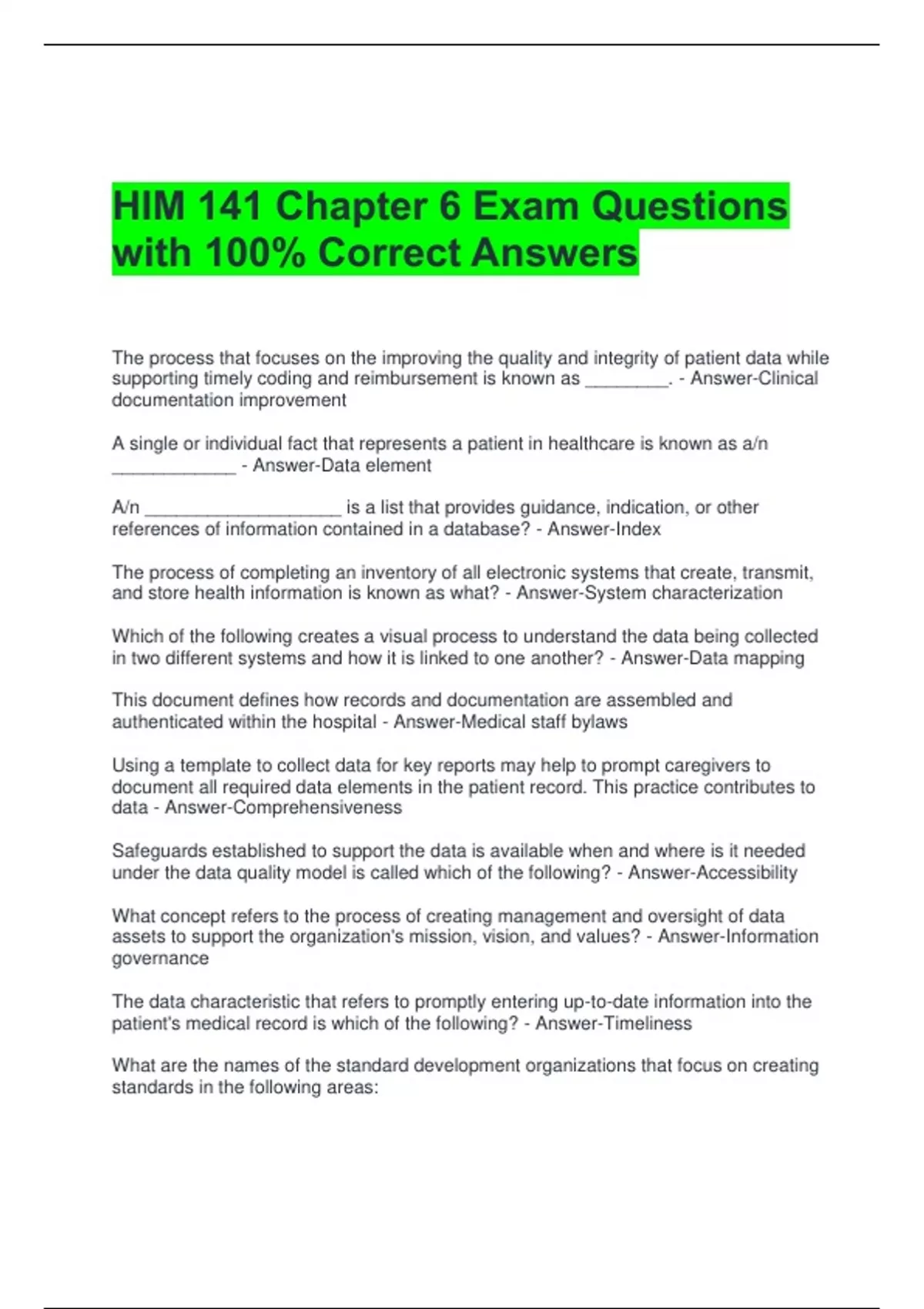 HIM 141 Chapter 6 Exam Questions with 100% Correct Answers - HIM 141 ...