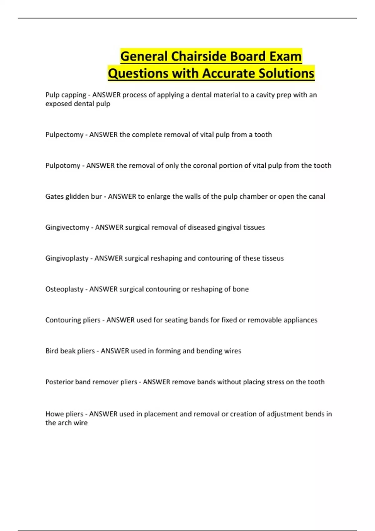 General Chairside Board Exam Questions with Accurate Solutions ...