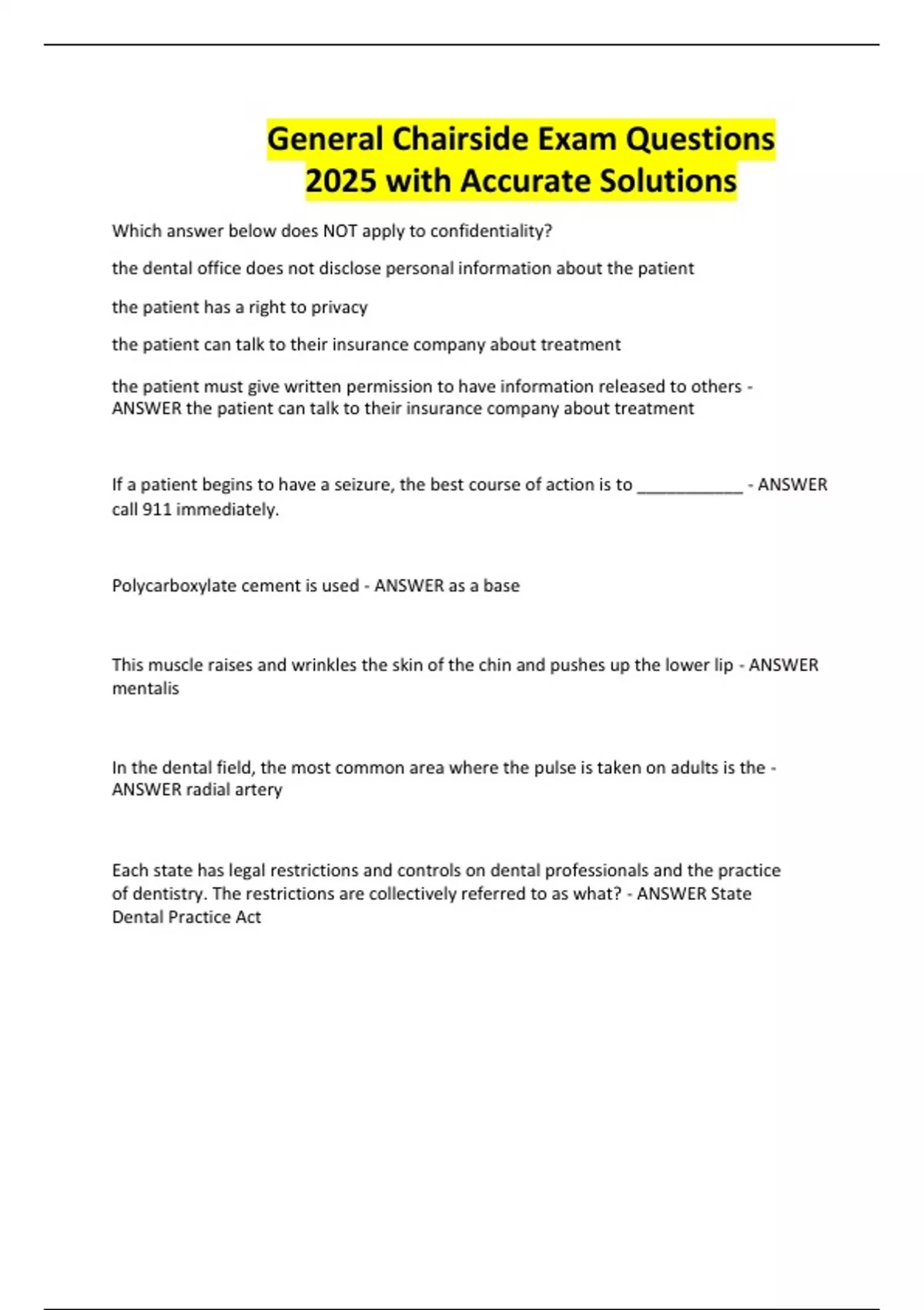 General Chairside Exam Questions 2025 with Accurate Solutions - General ...